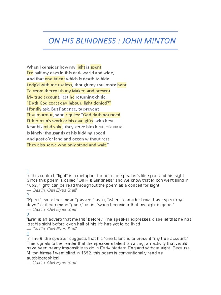 On His Blindness | PDF | Predestination | Sonnets