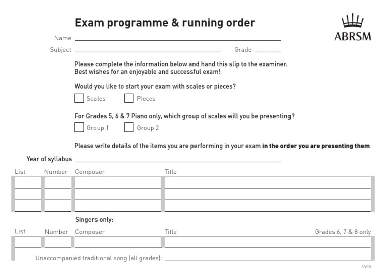 Exam Programme and Running Order Form (Grade 1 - 8) | PDF