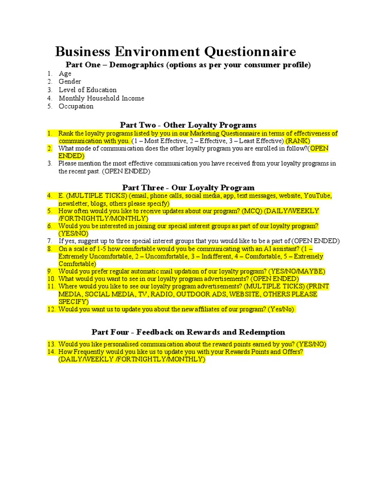 Business Environment Questionnaire | PDF