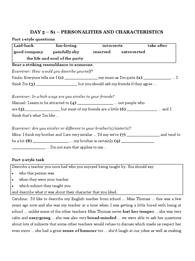 Day 5 - S1 - Personalities and Characteristics: Examiner: How Would You Describe Yourself? | PDF ...