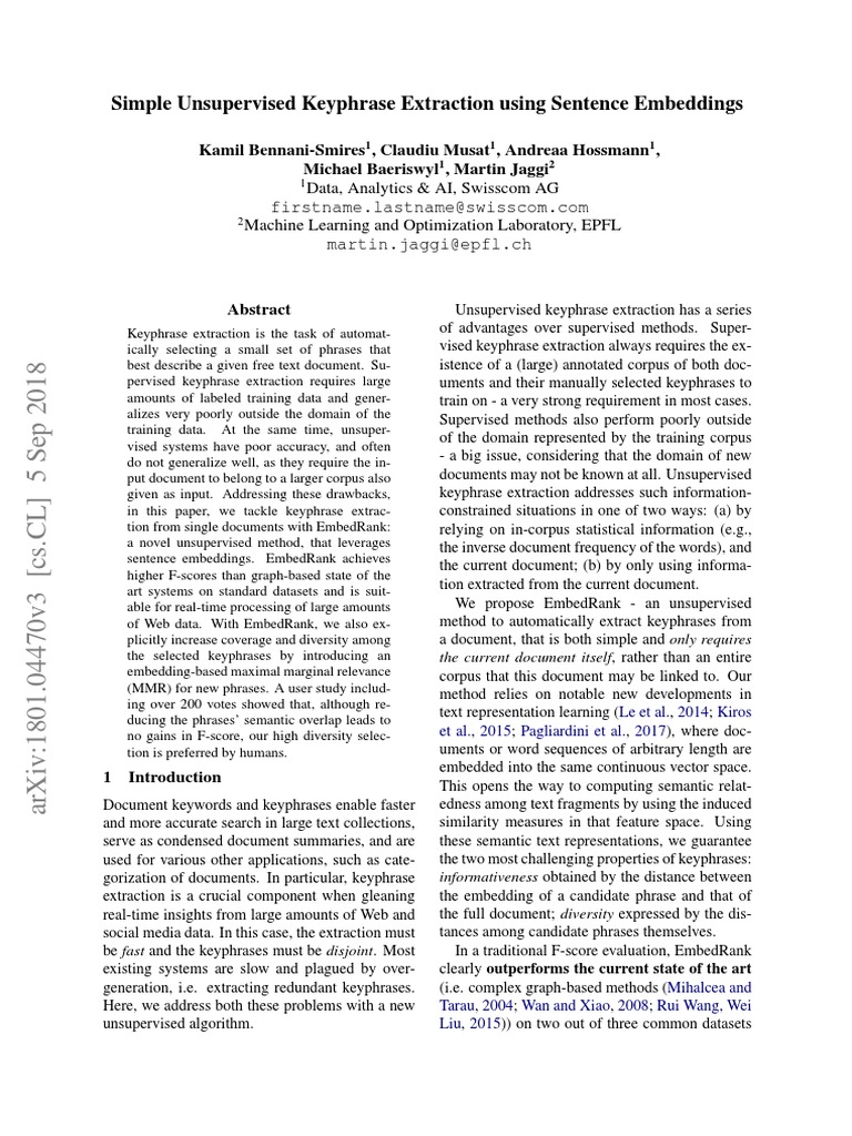 Simple Unsupervised Keyphrase Extraction Using Sentence Embeddings | PDF | Cognition | Applied ...