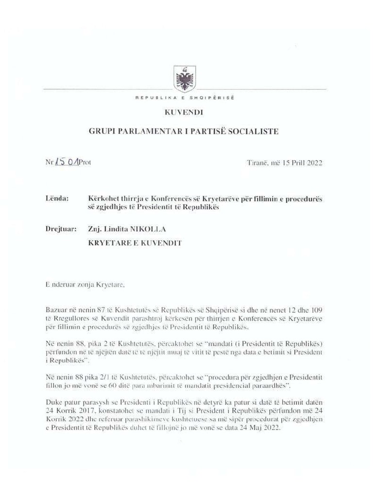 Shkresa e PS Per Zgjedhjen e Presidentit | PDF