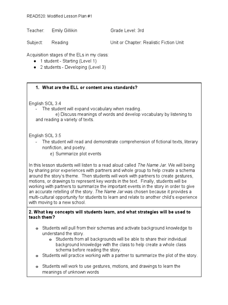 Gillikin Modified Lesson Plan One Summer 2020 | PDF | Reading ...