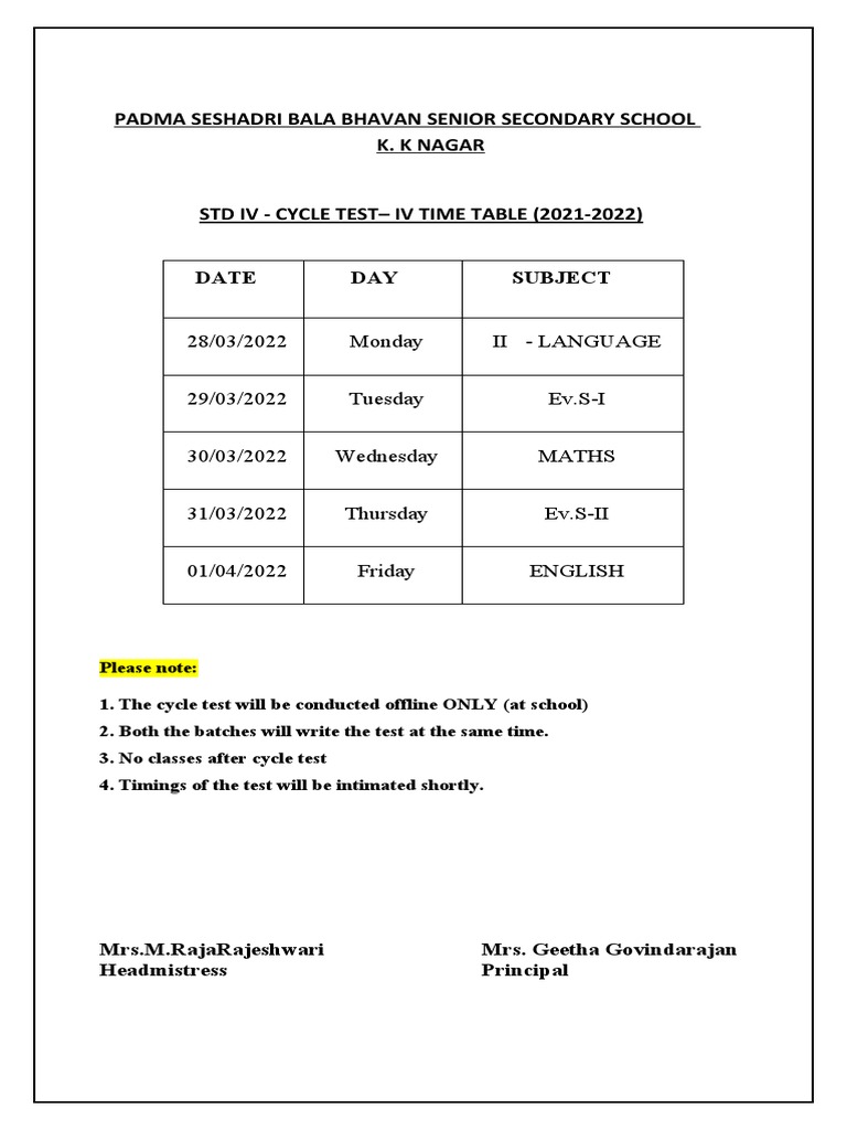 STD Iv CT4 Portions and Time Table | PDF | Numbers | Mathematics