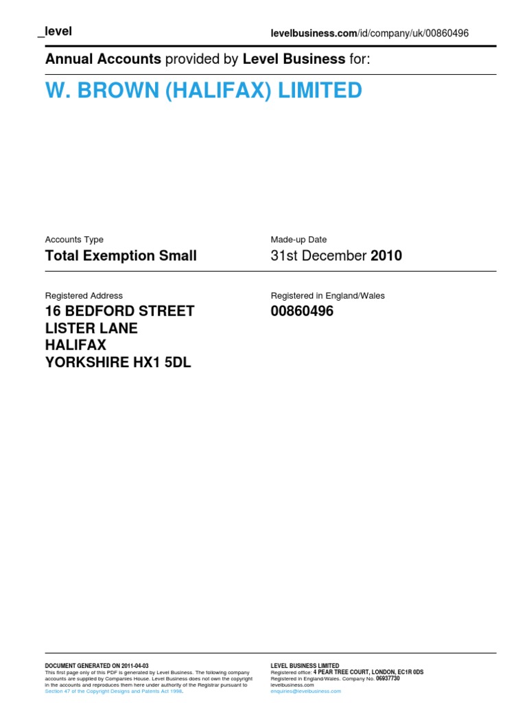 W. BROWN (HALIFAX) LIMITED - Company Accounts From Level Business | PDF
