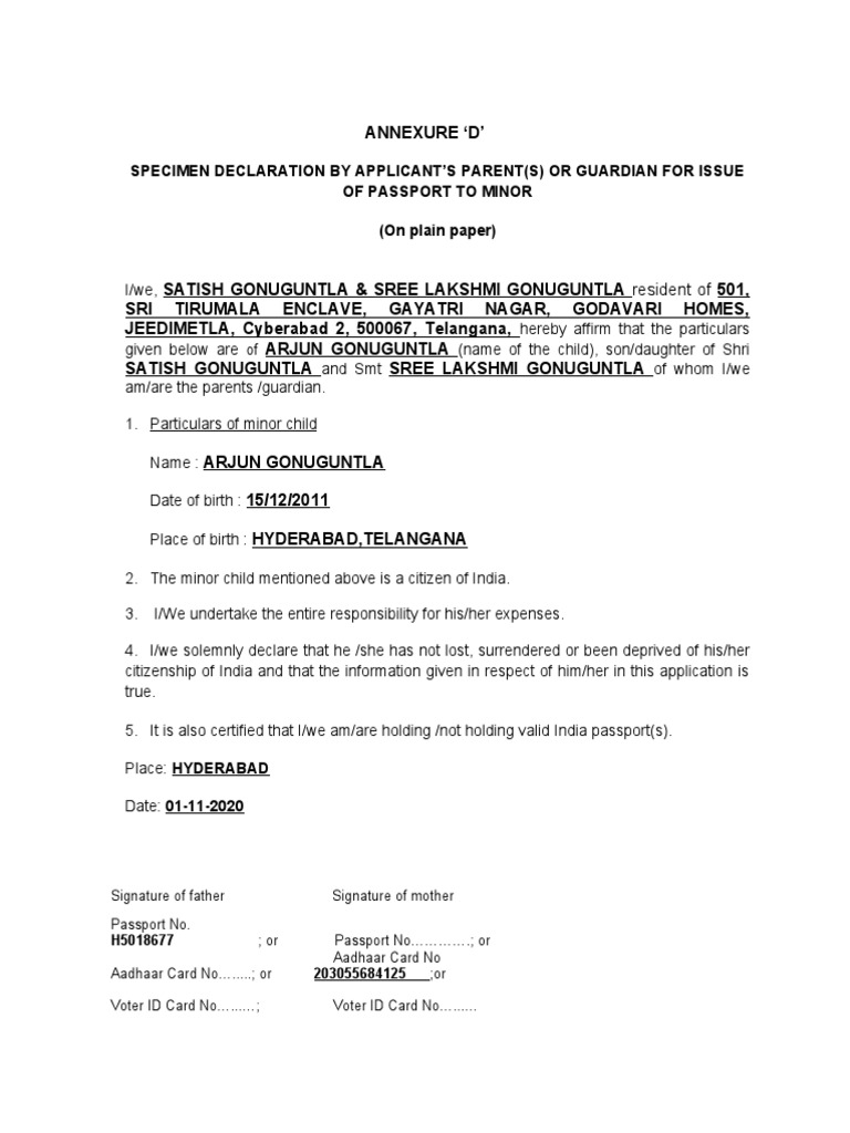 Specimen Declaration by Applicant'S Parent (S) or Guardian For Issue of ...