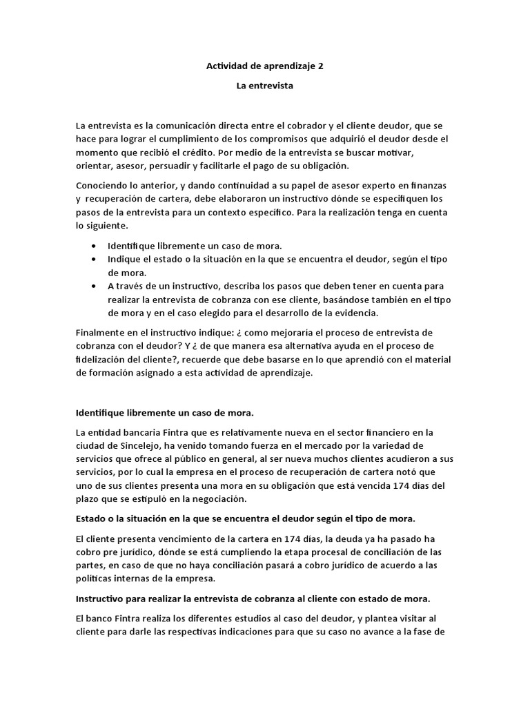 Actividad de Aprendizaje 2 La Entrevista | PDF | Bancos | Deuda