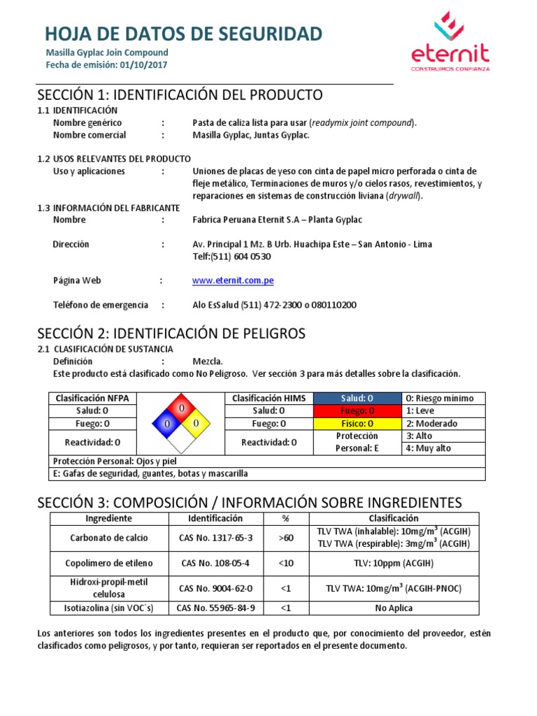 Hoja MSDS Masilla Gyplack | PDF