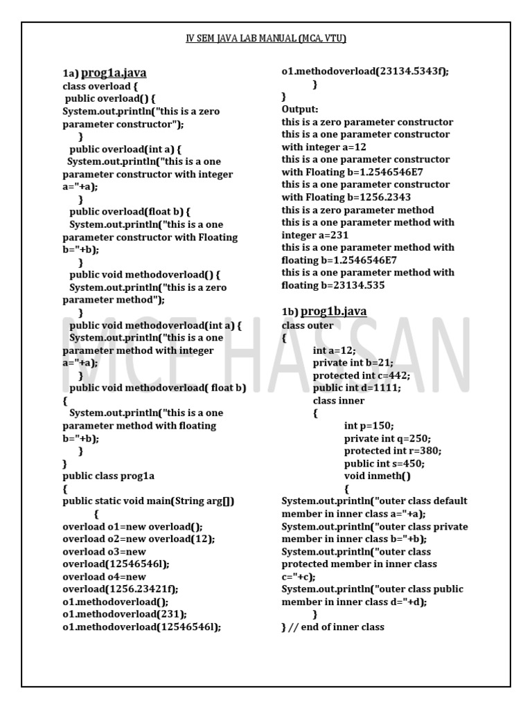 Prog1ajava Iv Sem Java Lab Manual Mca Vtu Pdf Constructor Object Oriented Programming
