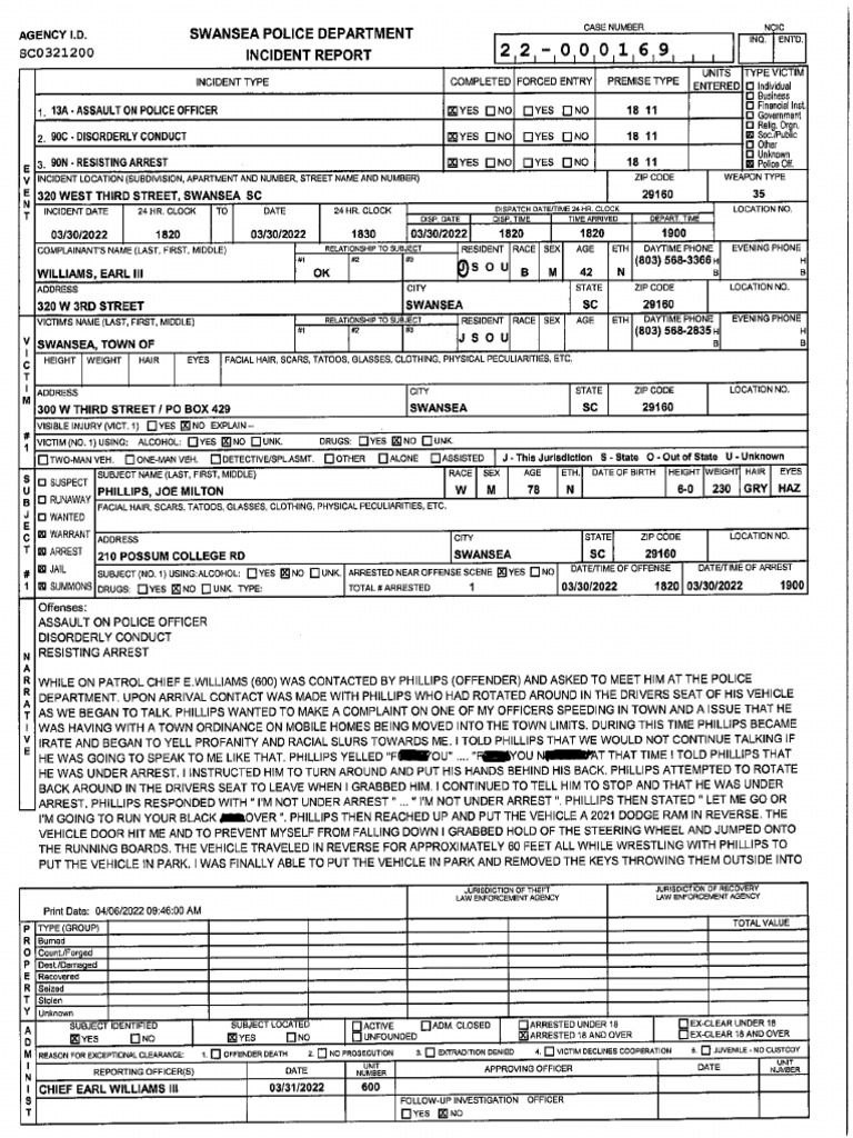 Swansea Police Chief Incident Report REDACTED | PDF