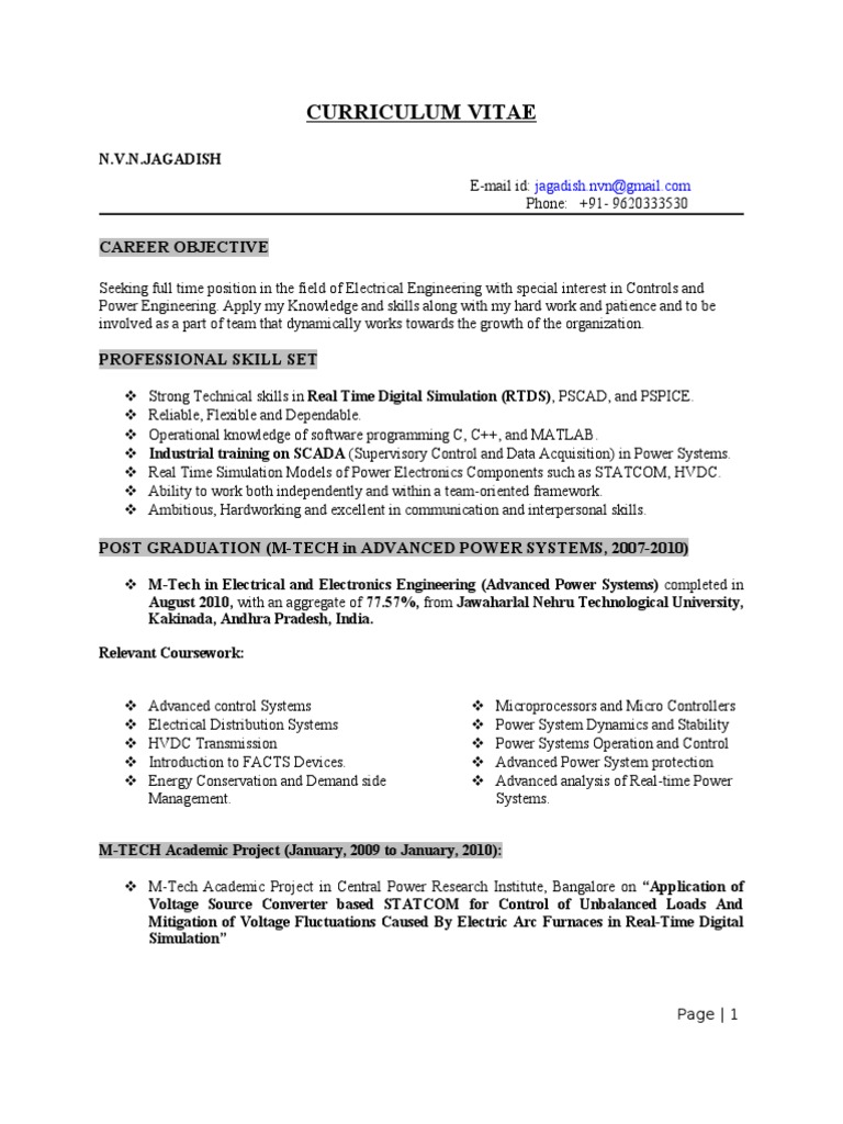 Curriculum Vitae: Career Objective | PDF | Electric Power System | Electric Power