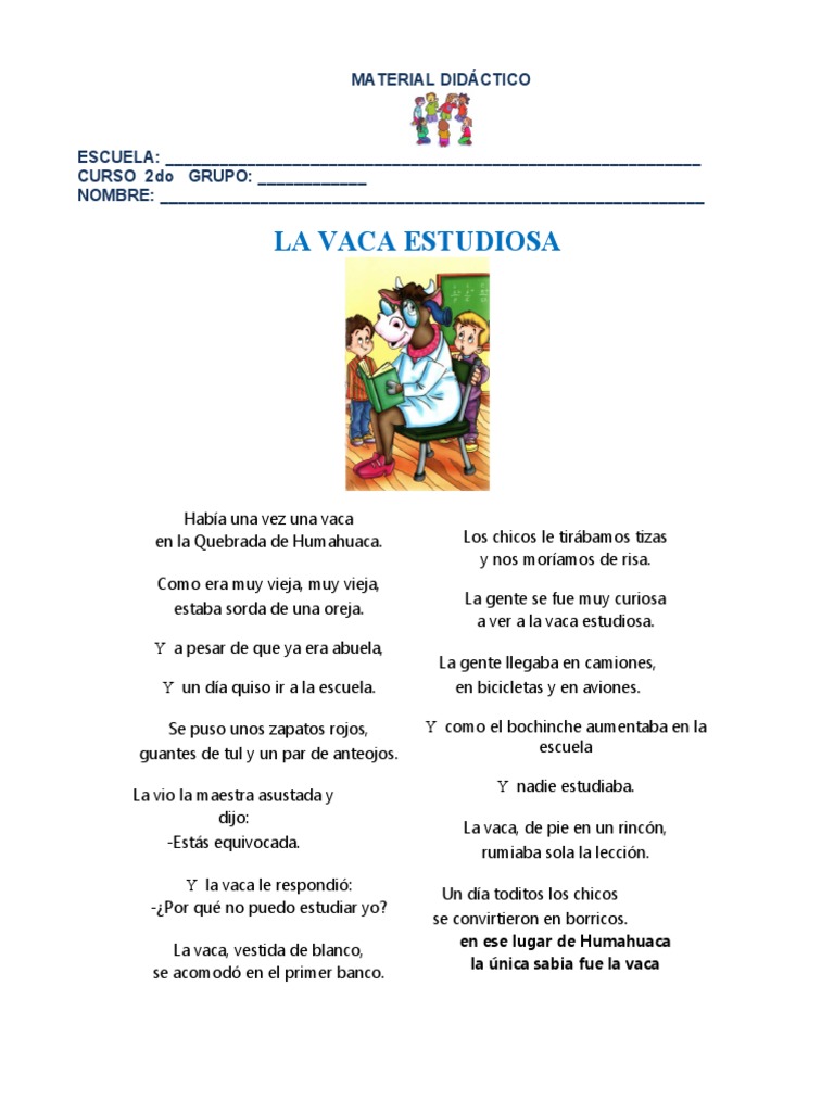 Actividades para "La Vaca Estudiosa" | PDF