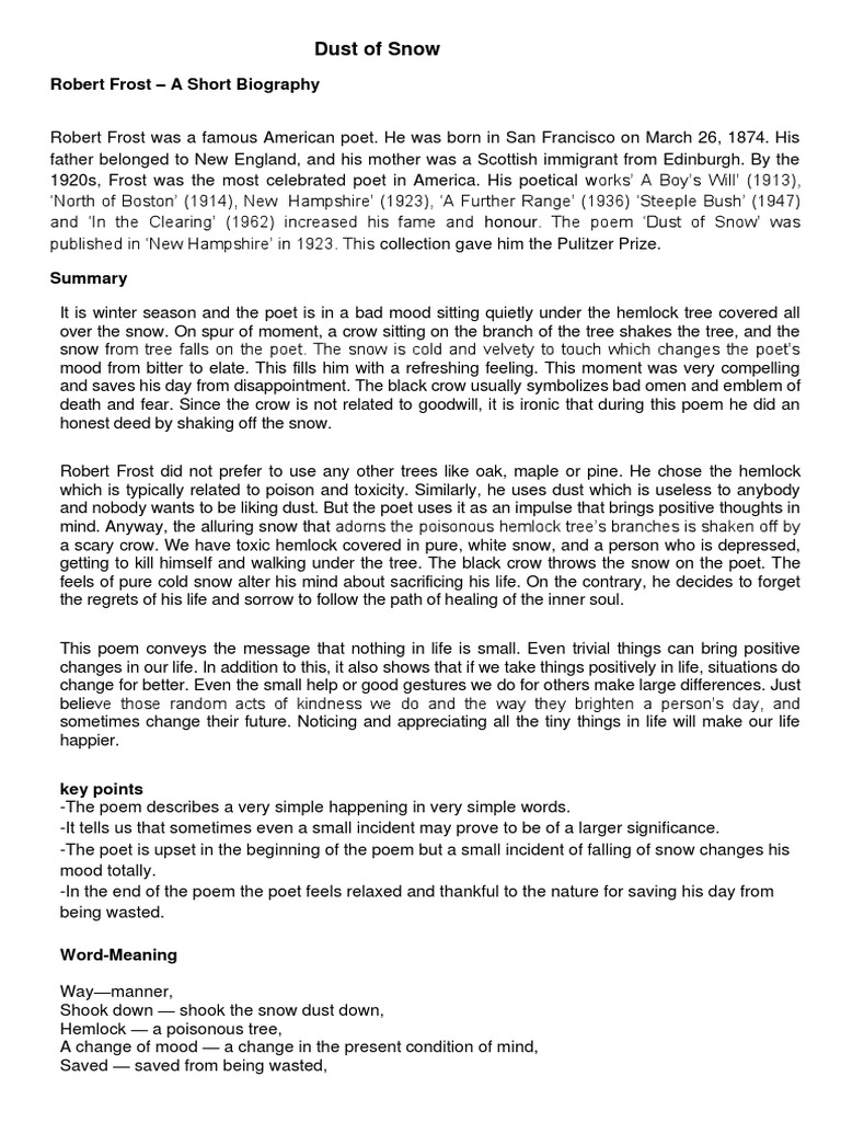 Dust of Snow: Robert Frost - A Short Biography | PDF | Poetry | Mood ...