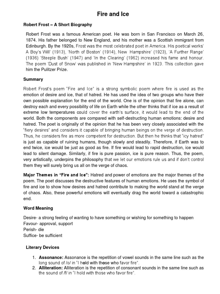 Fire and Ice: Robert Frost - A Short Biography | PDF | Hatred | Poetry