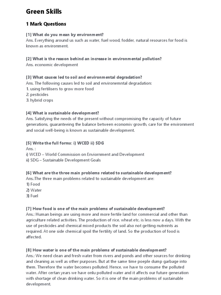 Green Skills: 1 Mark Questions | PDF | Sustainability | Agriculture
