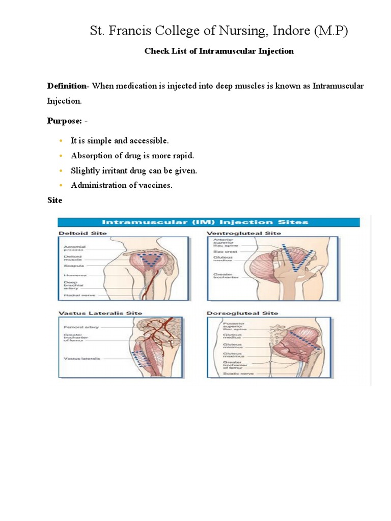 Intramuscular Injection Checklist | PDF | Injection (Medicine) | Medicine
