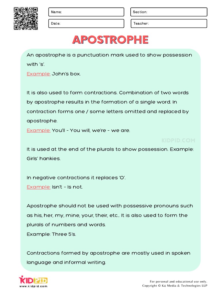 Apostrophes Printable Worksheets For Grade 2 | PDF | Plural | Verb