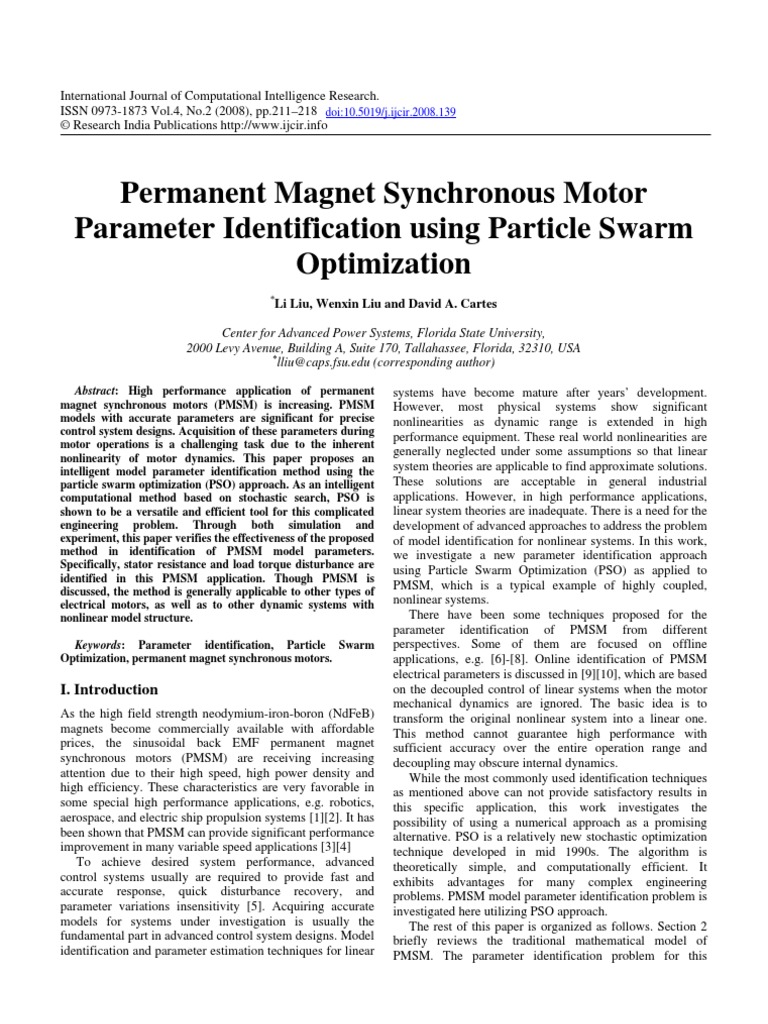 Permanent Magnet Synchronous Motor Parameter Identification Using Particle Swarm Optimization ...