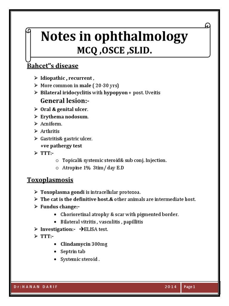 Notes in Ophthalmology: MCQ, Osce, Slid | PDF | Glaucoma | Cataract