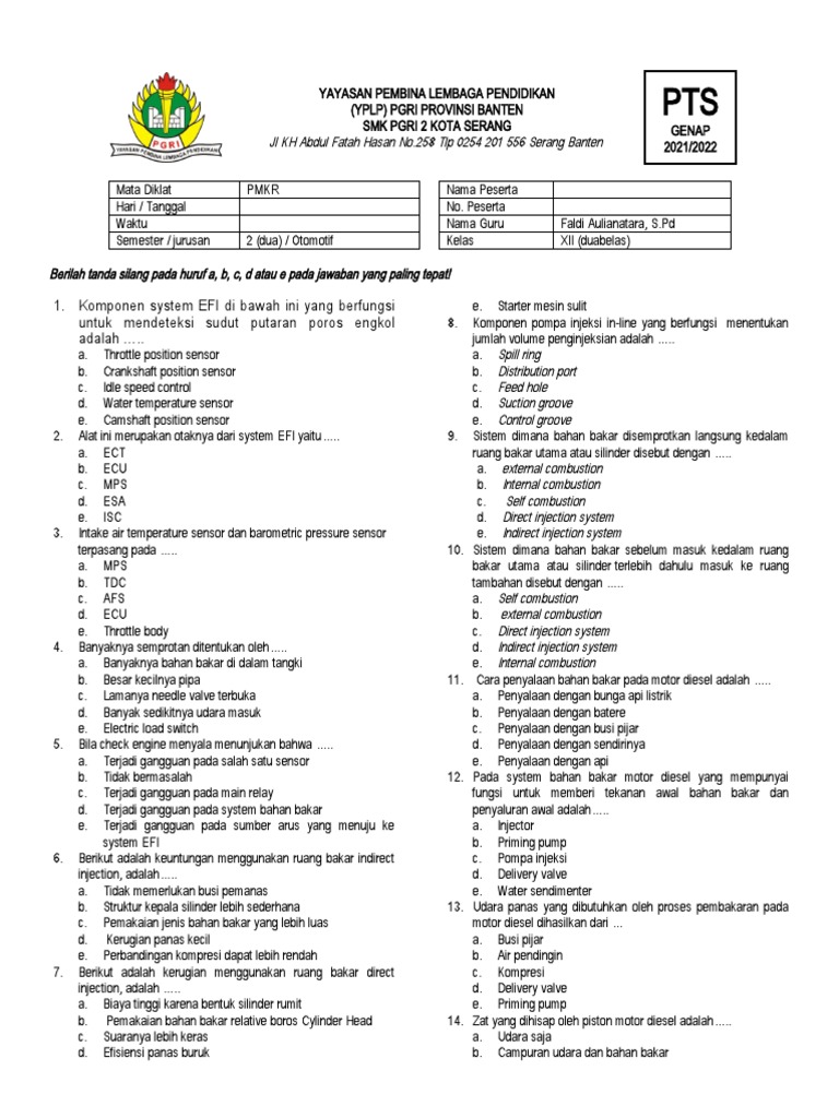 Soal PTS Genap 2021-2022 PMKR Otomotif (Xii TKR) | PDF