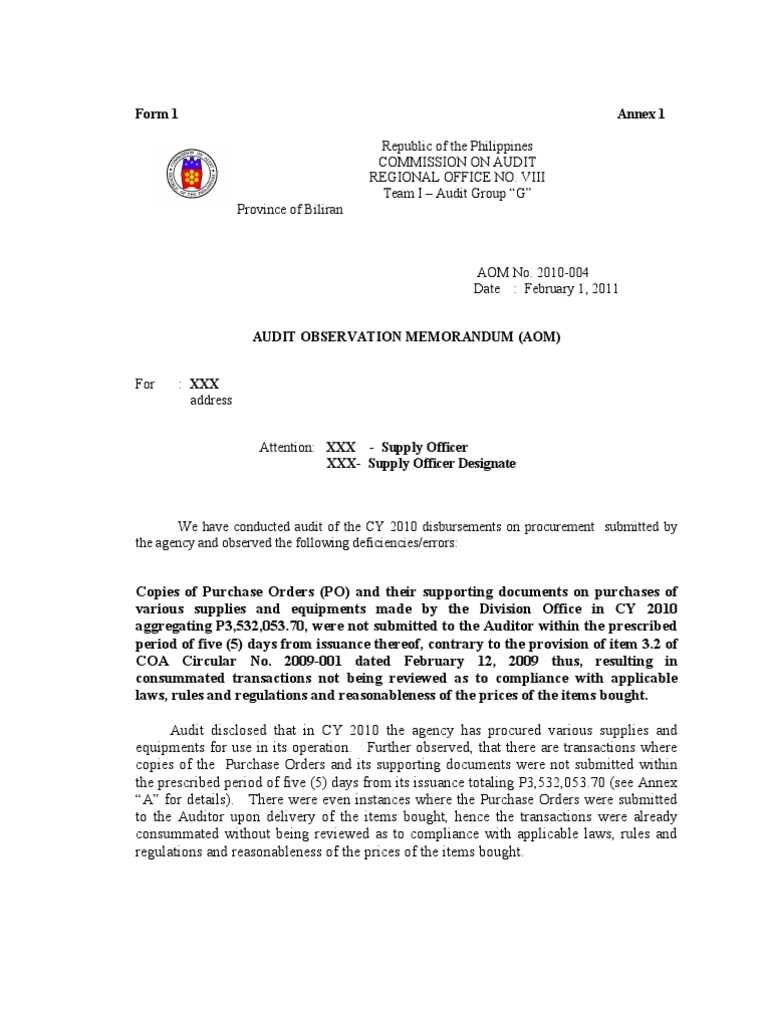 AOM No. 2010-004 - Non-Submission of PO Within The Prescribed Period ...