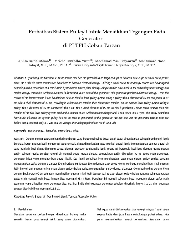 Jurnal Perbaikan Sistem Pulley Untuk Menaikkan Tegangan Pada Generator ...