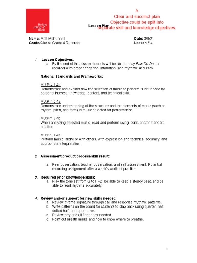 Mcdonnell 3 9 4th Grade Recorder Lesson Plan 1 | PDF | Recorder ...