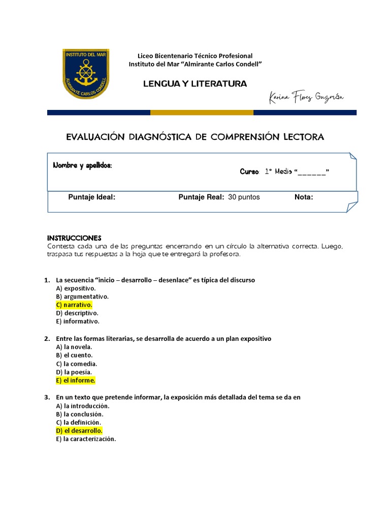 Evaluación Diagnóstica Comprensión Lectora | PDF | Libros para adolescentes