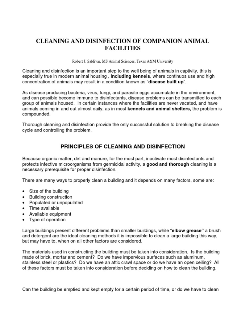 Cleaning and Disinfection of Companion Animal Facilities | PDF | Bleach ...