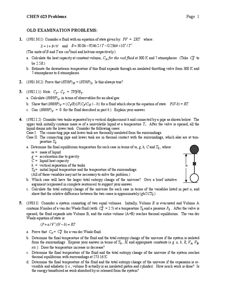 CHEN 623 Problems Old Examination Problems: 1.: (P + A /V) (V B) RT | PDF | Gases | Phase (Matter)