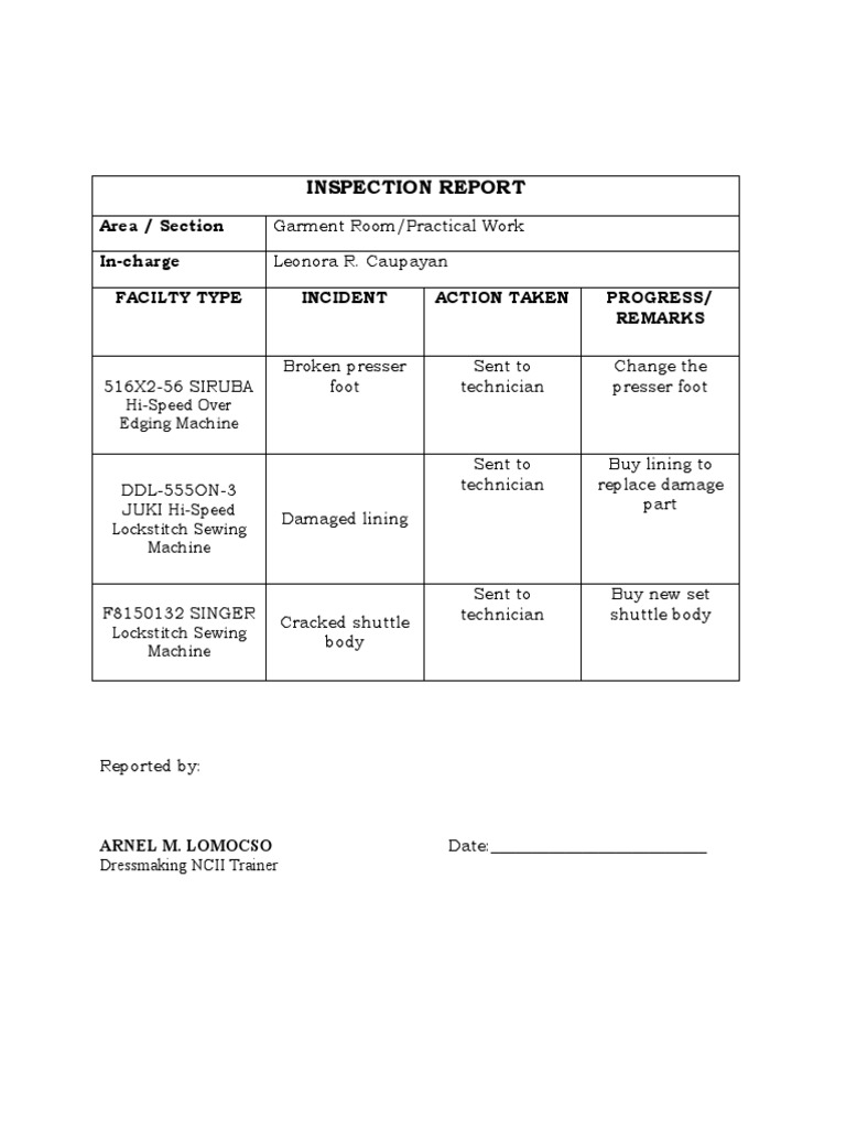 Inspection Report: Area / Section In-Charge Facilty Type Incident ...