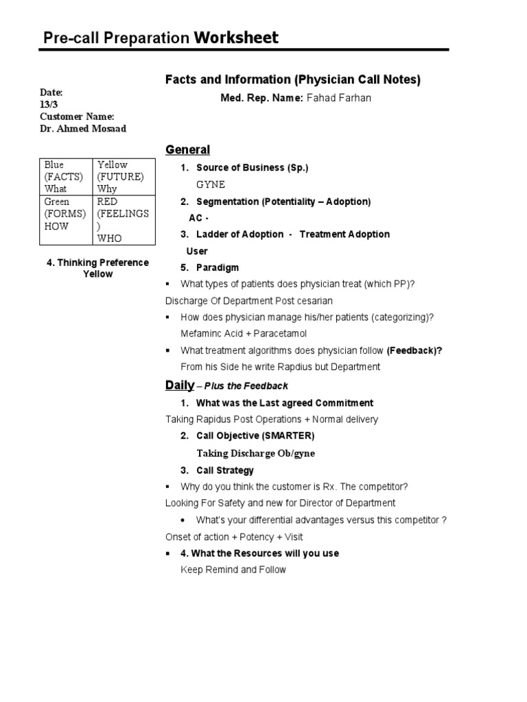 Pre-Call Preparation Worksheet: Facts and Information (Physician Call ...