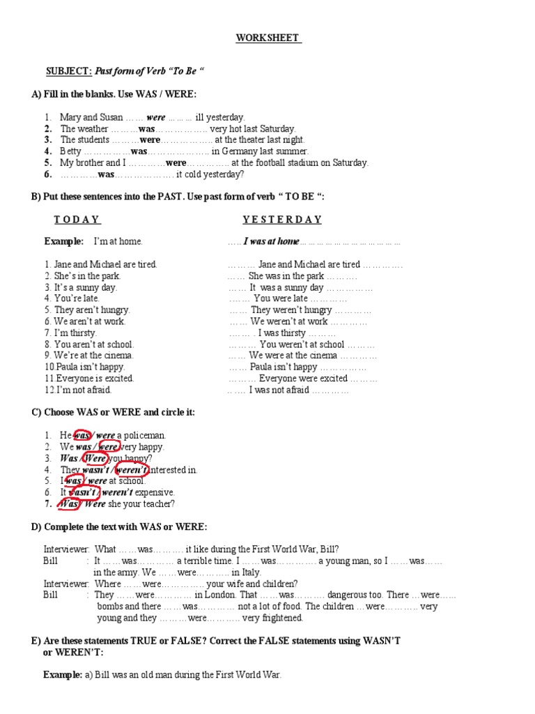 SUBJECT: Past Form of Verb "To Be " | PDF | Linguistics