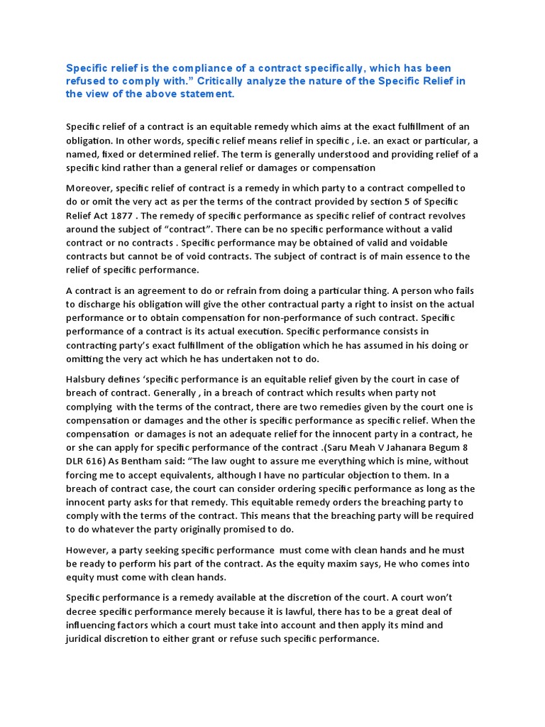 Specific Performance of Contract | PDF | Legal Remedy | Specific ...
