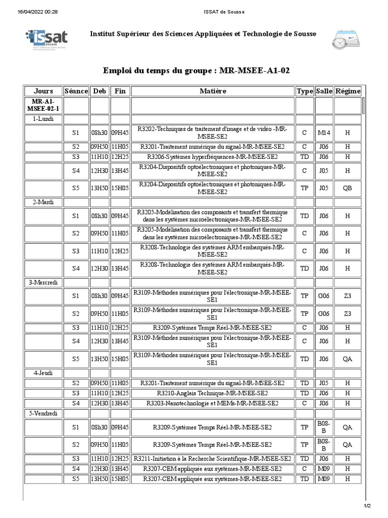 Emploi du temps MR-MSEE-A1 ISSAT Sousse | PDF