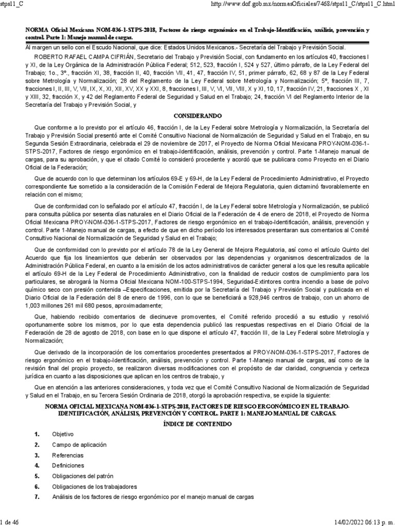 Nom 036 STPS Riesgo Ergonomico | PDF | Factores humanos y ergonomía