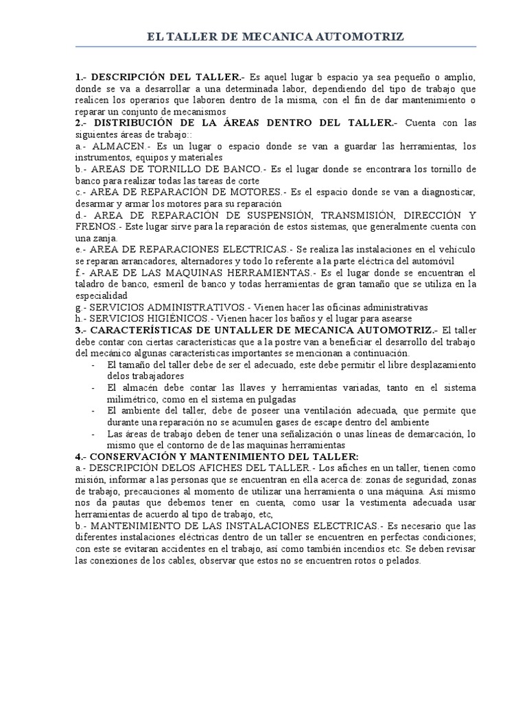 El Taller De Mecanica Automotriz Pdf Coche Herramientas