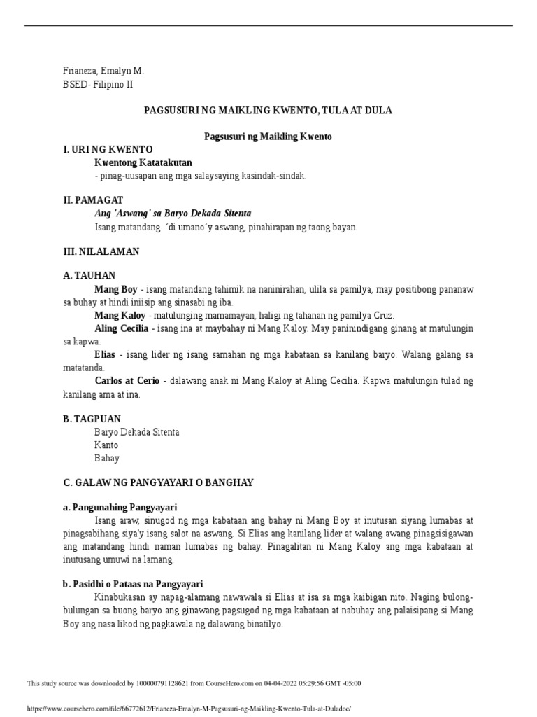Frianeza Emalyn M. Pagsusuri NG Maikling Kwento Tula at Dula | PDF