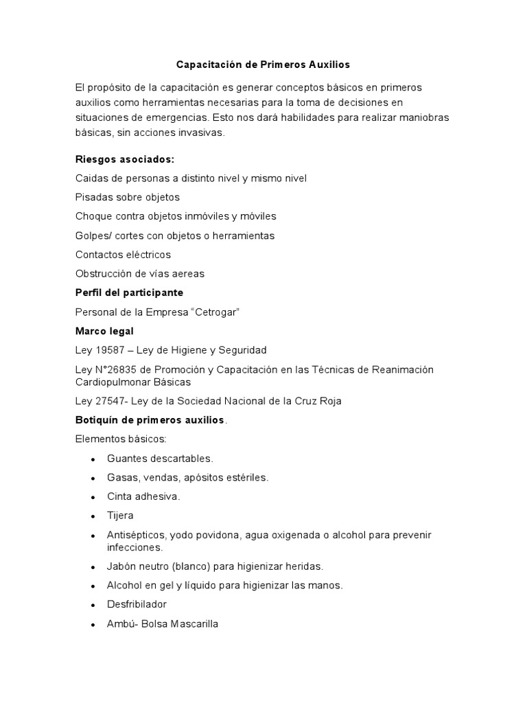 Capacitación de Primeros Auxilios | PDF | Reanimación cardiopulmonar | Herida