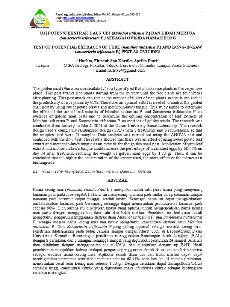Uji Potensi Ekstrak Daun Ubi dan Lidah Mertua sebagai Ovisida Keong Mas ...
