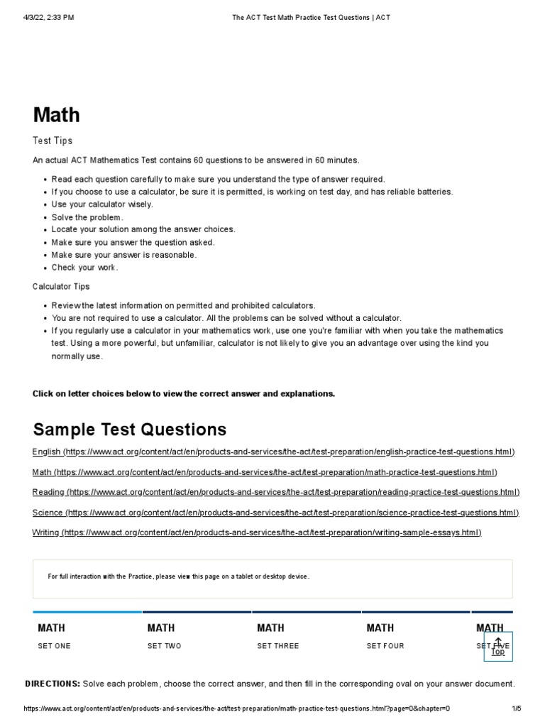 The ACT Test Math Practice Test Questions - ACT | PDF | Mathematics ...