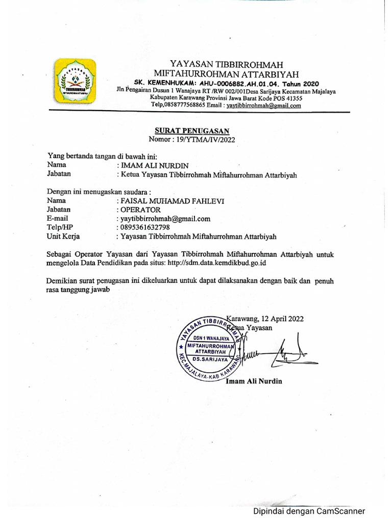 Surat Penugasan Operator Yayasan | PDF