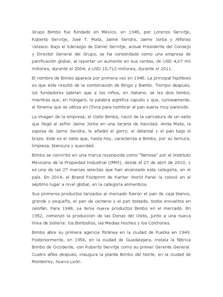 Historia y origen de Grupo Bimbo | PDF