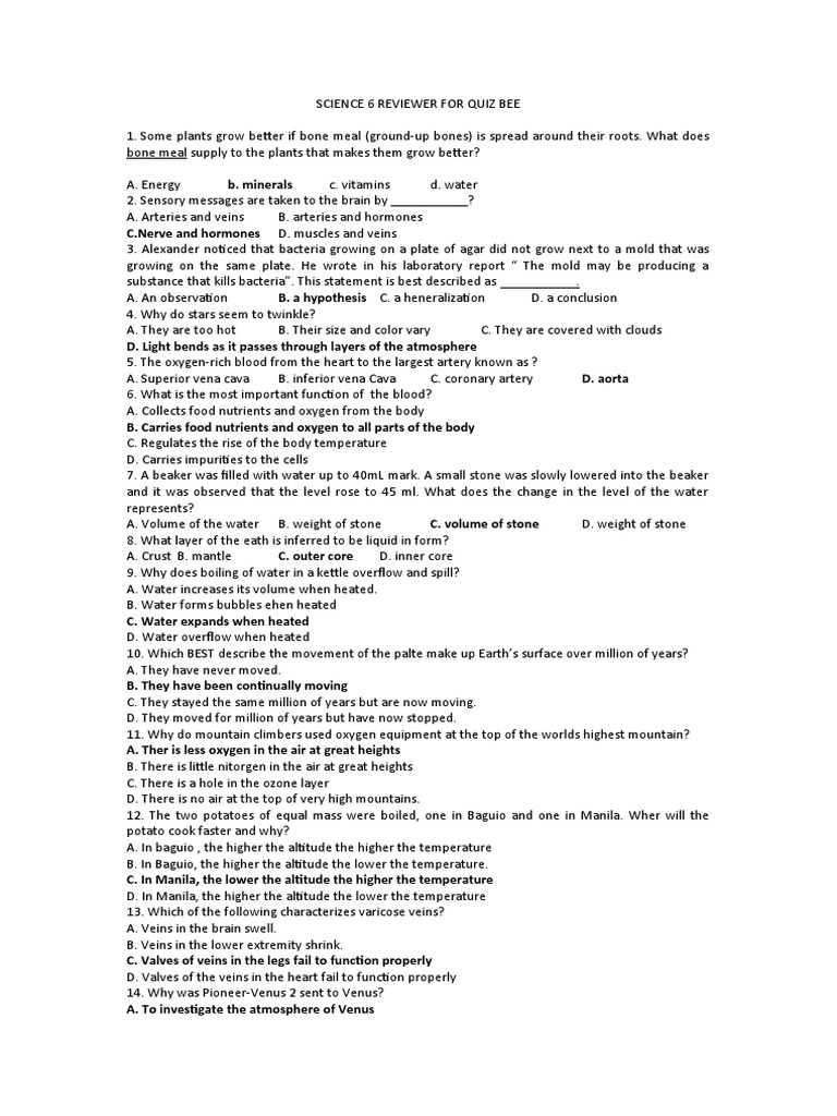 Science 6 Reviewer For Quiz Bee | PDF | Artery | Atmosphere Of Earth