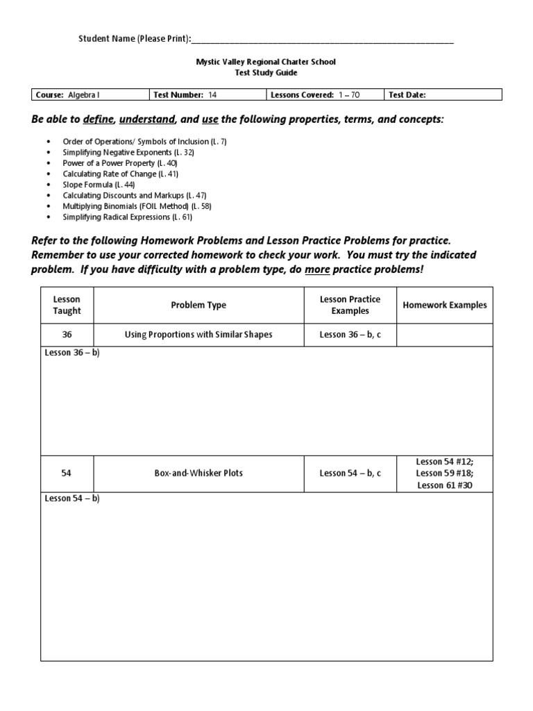 Algebra 1-Study Guide Test 14 | PDF | Equations | Elementary Mathematics