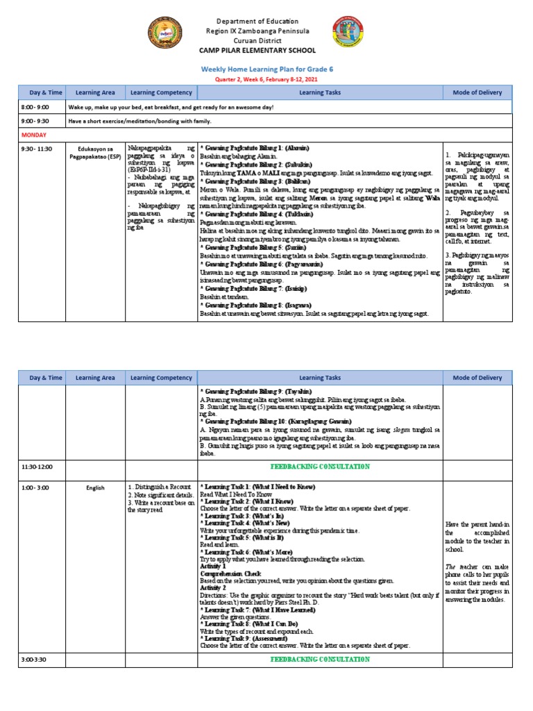 Grade 6 - All Subjects - WHLP - Q2 - W6 | PDF