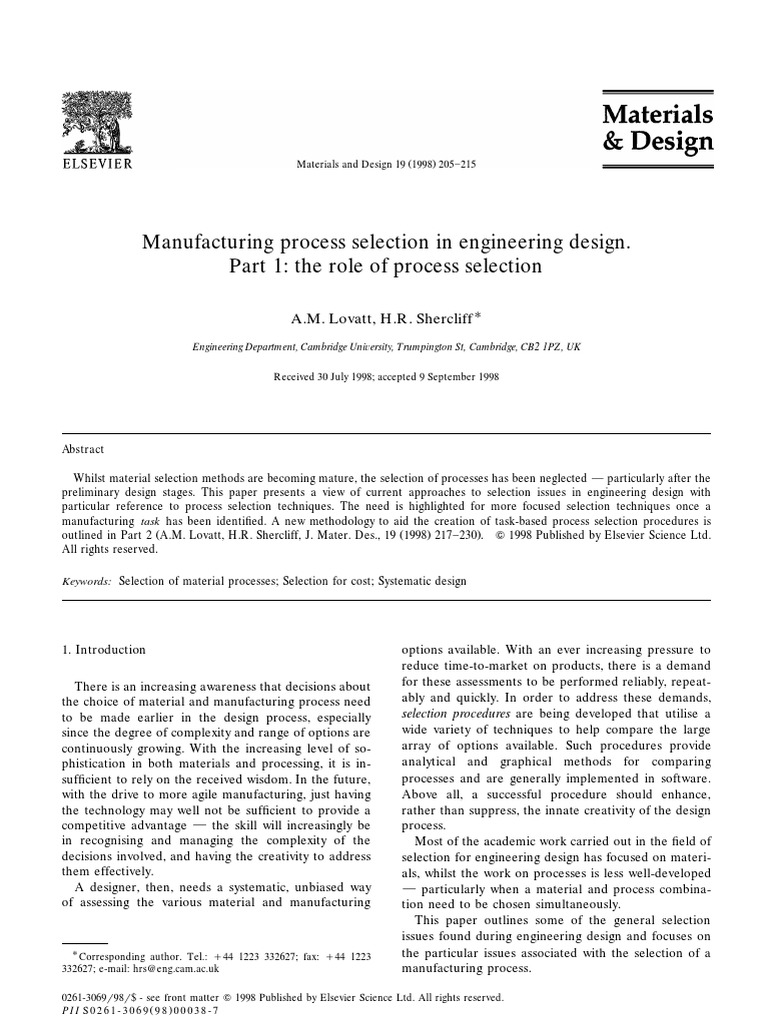 Manufacturing Process Selection in Engineering Design. Part 1: The Role of Process Selection ...
