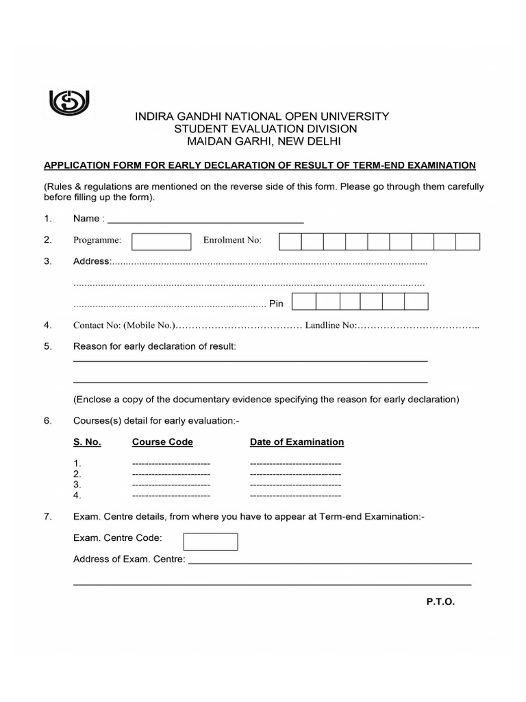 IGNOU Application For Early Declaration of Result | PDF