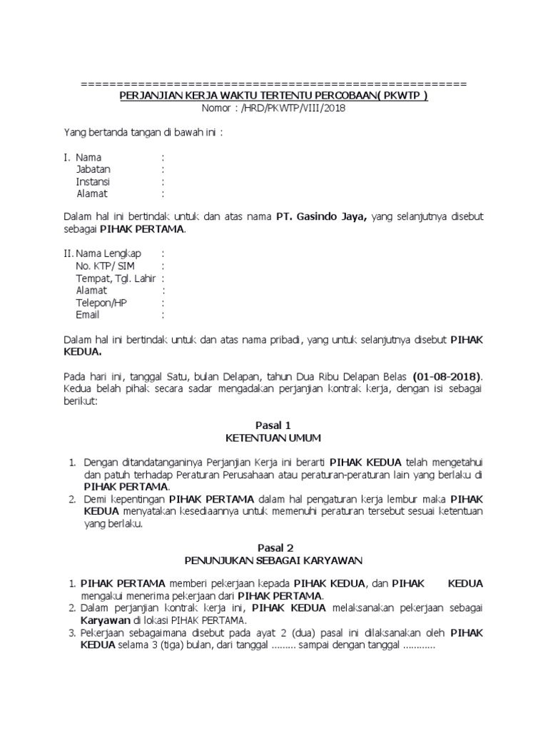Contoh Perjanjian Kerja Probation | PDF