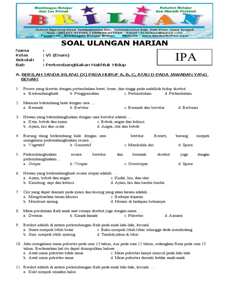 Soal IPA Kelas 6 SD BAB 2 Perkembangbiakan Makhluk Hidup | PDF